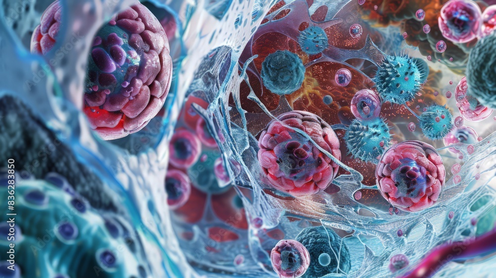 Extracellular matrix: Depict the extracellular matrix surrounding cells ...