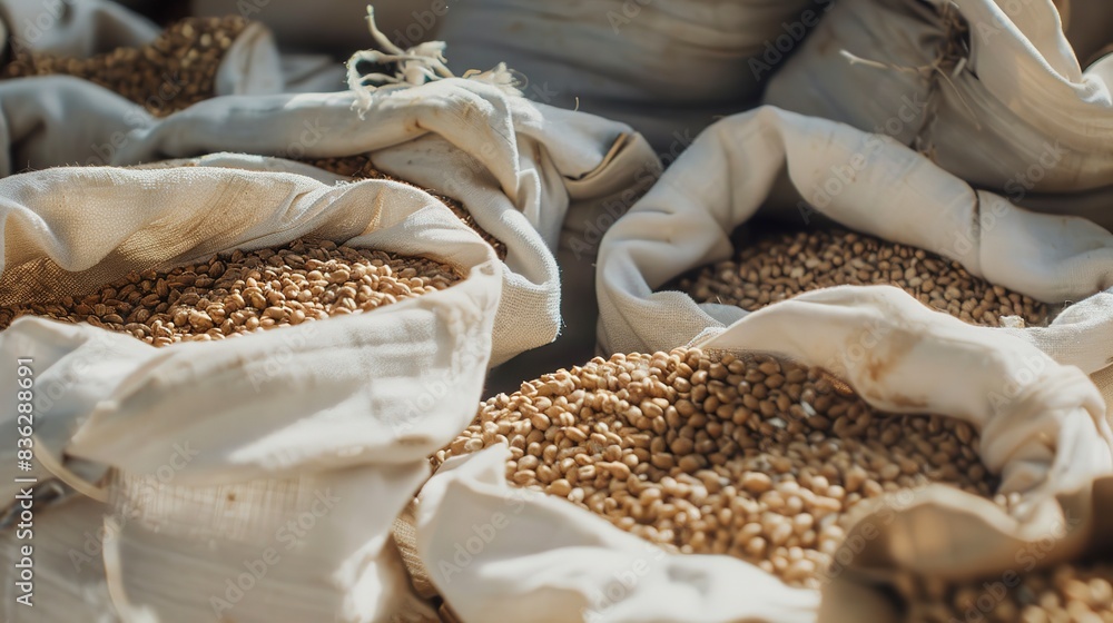 Macro of unpackaged bulk grains in cloth bags, detailed grain textures ...