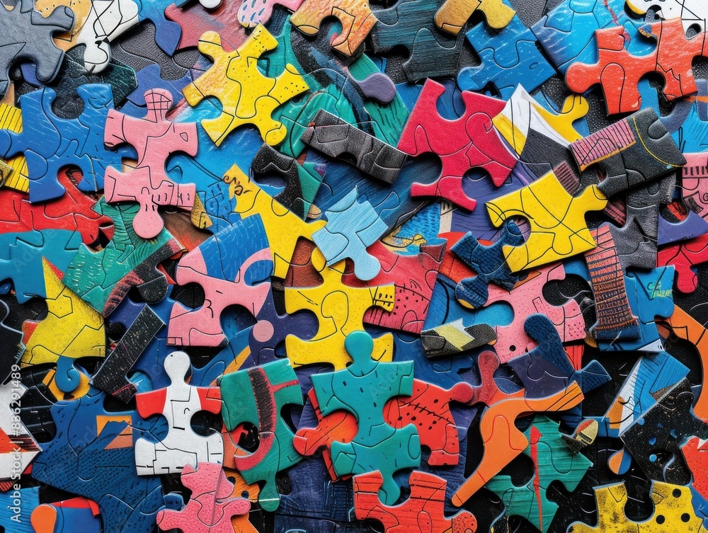 A top-down view of a vivid jigsaw puzzle in progress, with pieces ...