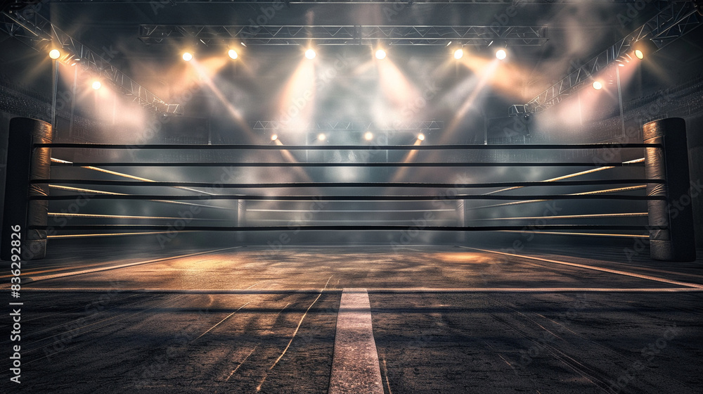 An empty professional boxing ring in a grand arena spotlights ...
