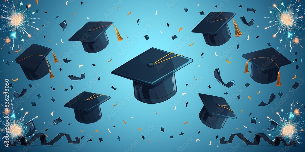 Graduation caps in the air with fireworks background celebrating ...