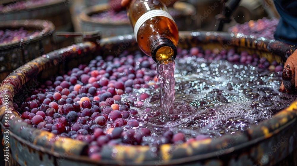 Liquid being poured into a vat full of grapes during the wine ...