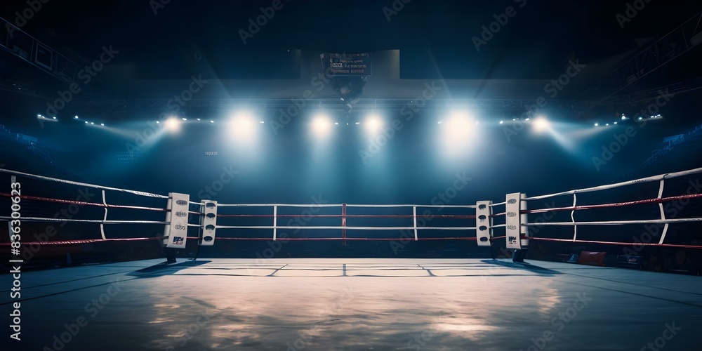 ภาพประกอบสต็อก Empty professional boxing arena with spotlight ready for ...
