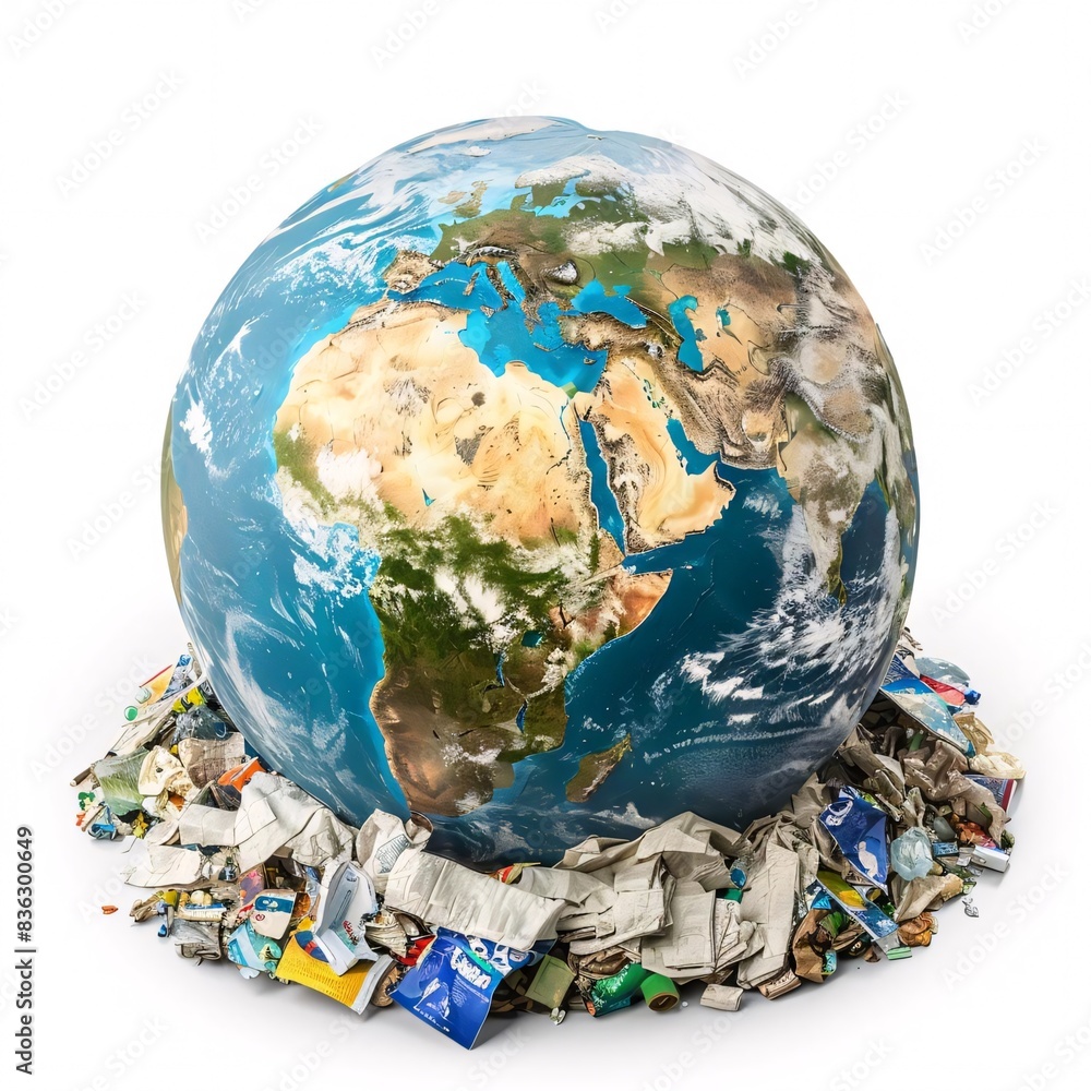 A photo of a globe buried under the weight of overconsumption and waste ...