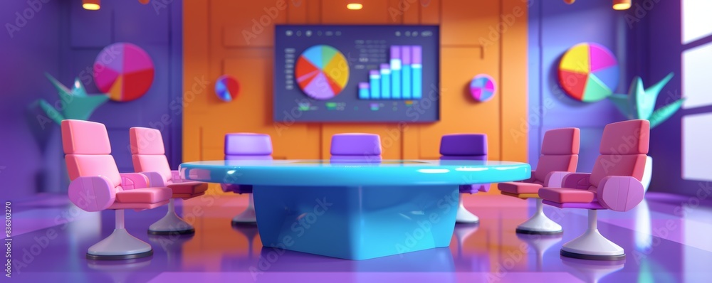 Colorful modern conference room with vibrant decor, round table, chairs ...