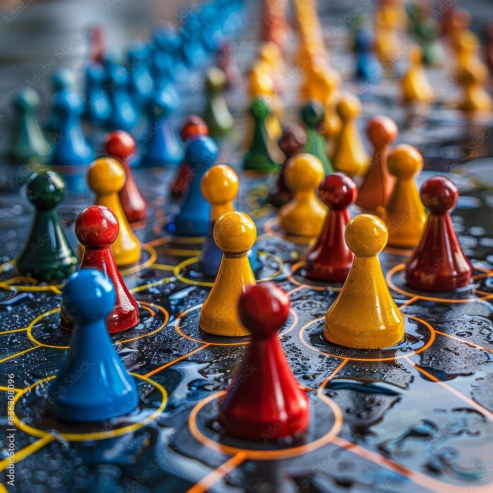 Colorful game pieces on a vibrant board, showcasing strategy, teamwork ...