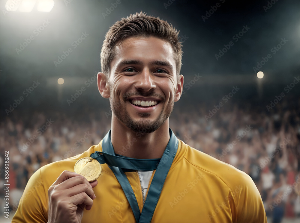 Triumphant athlete celebrates olympic gold medal with radiant smile in ...