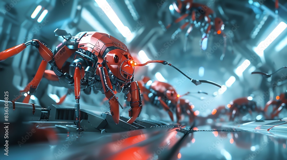 Expansive scene of cyber ants constructing advanced machinery in an ...