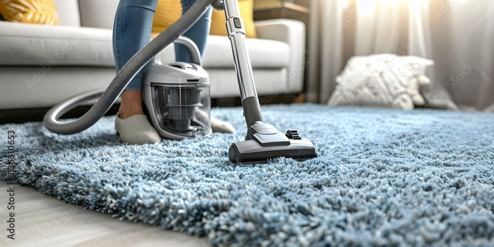 Woman using a vacuum cleaner to clean the carpet in her home. Concept ...