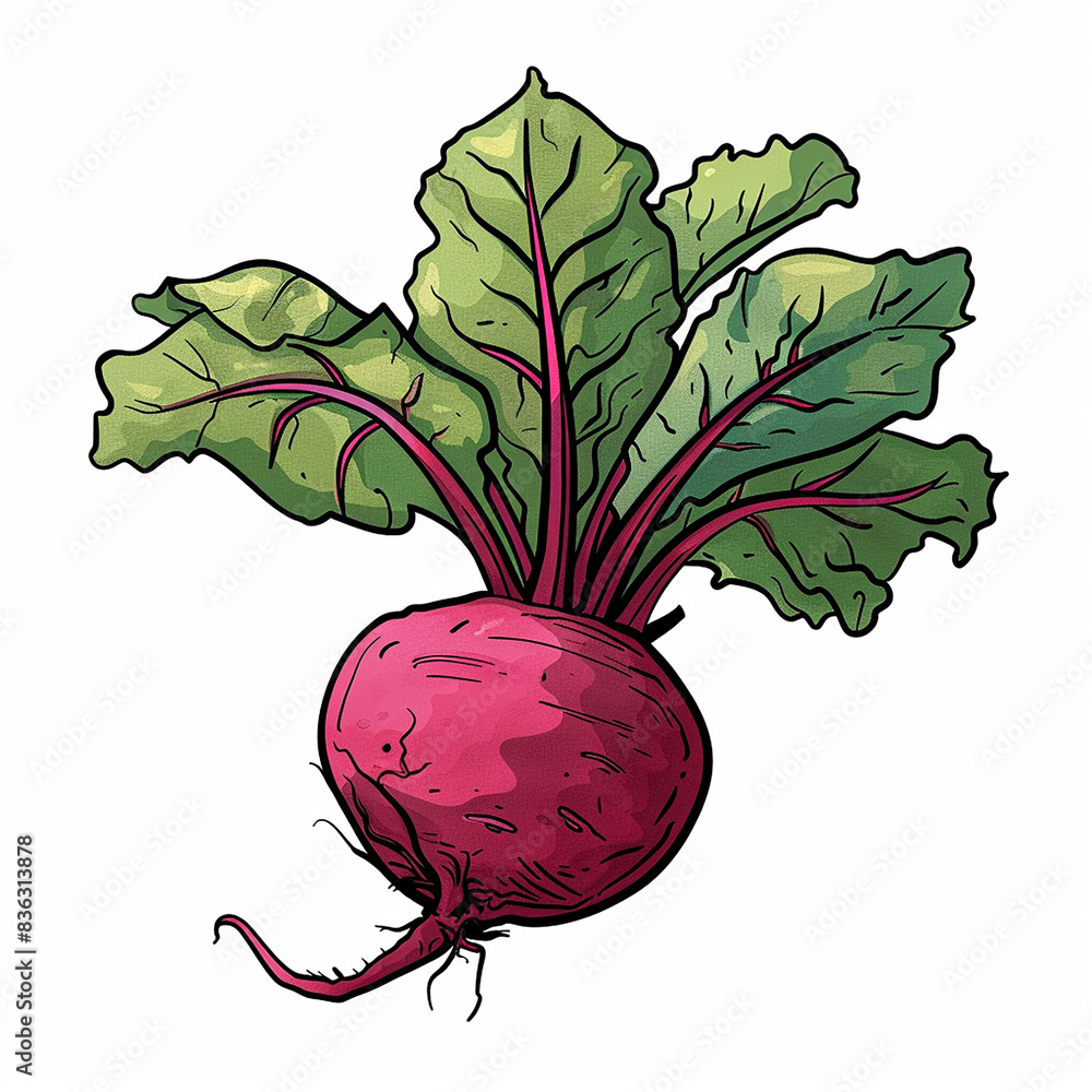 Defined cartoon illustration of a beets with leafy green stems and root ...