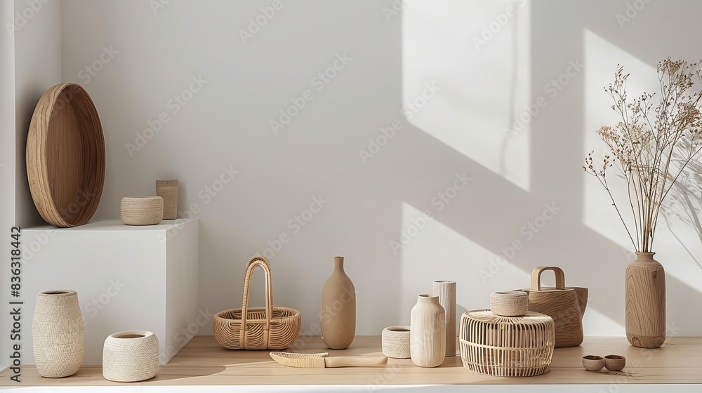 The image is a still life of various objects on a table against a white ...