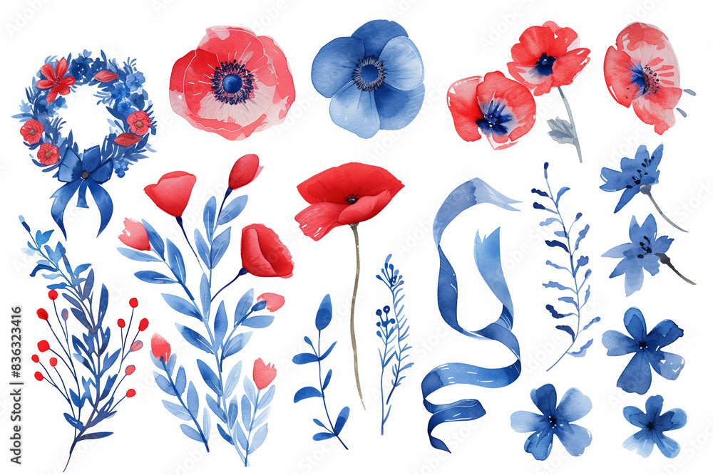 Watercolor 4th of July set with traditional symbols of national day ...