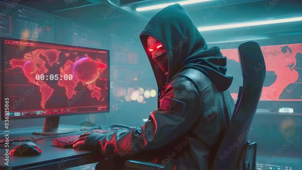 hacker wearing a black robe and wearing a mask in front of a monitor ...