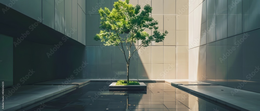 Showcase a modern, minimalist urban setting from an eye-level ...