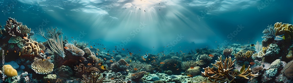 Capture a wide-angle underwater scene, showcasing vibrant coral reefs ...