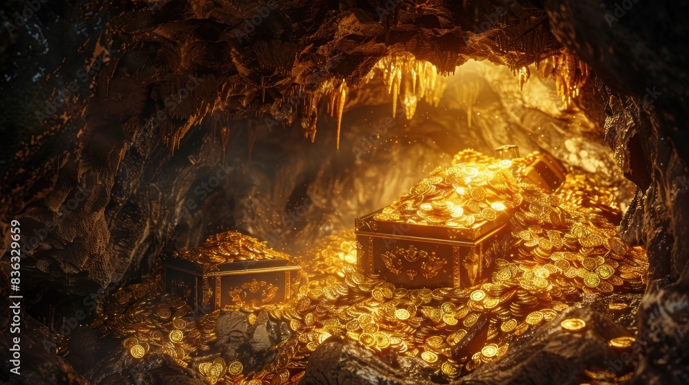 a crypt filled with gold treasures. Gold coins and gold bars are ...