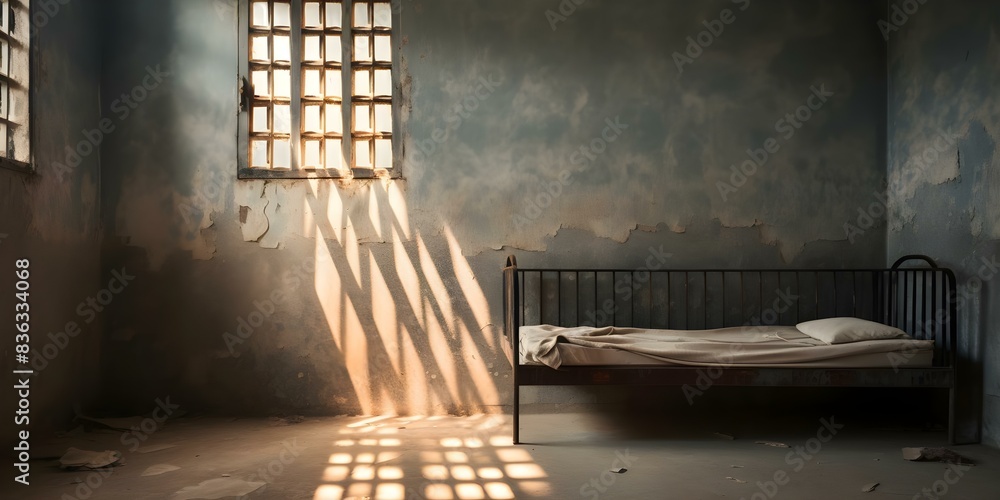 Sunlight streams into empty prison cell illuminating bed by window. Concept Abandoned, Sunlight ...