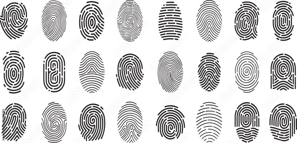 Black detailed fingerprints flat illustration set. Police electronic ...