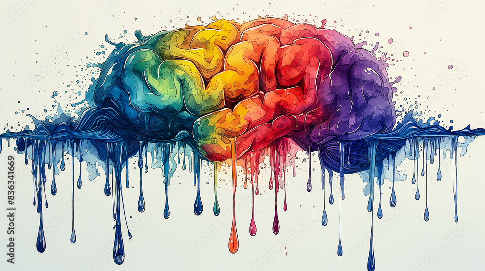 Melting Rainbow Human Brain Graffiti, Dripping Paint Splashes. Mental ...