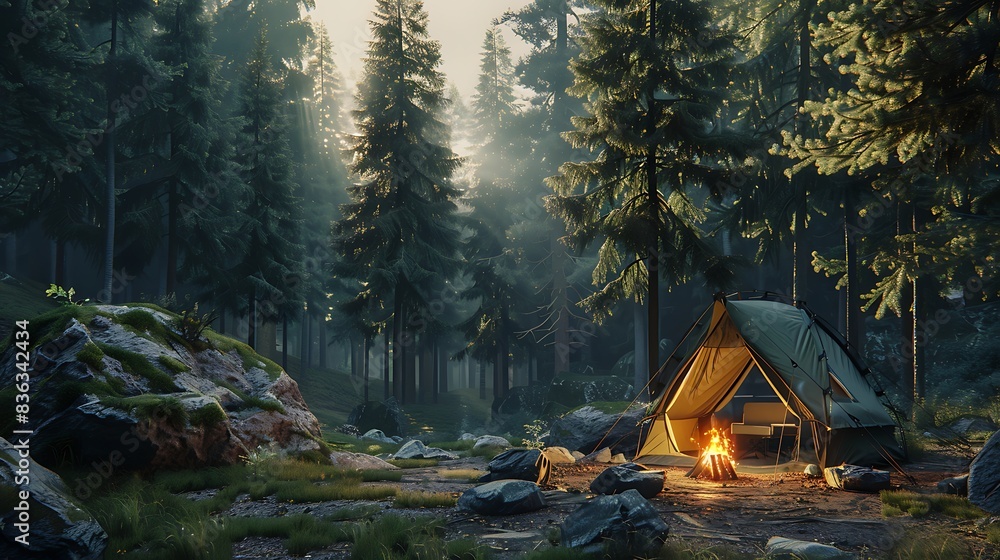 Rustic campsite with a tent and campfire under towering pine trees. 8k ...