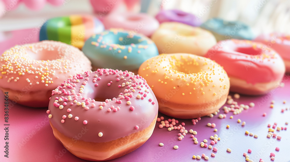 Colorful Donuts with Rainbow Frosting on a Tray. Vibrant Pastel Icing ...