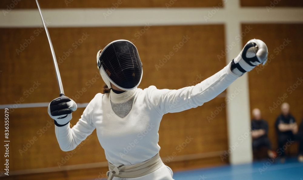 Confident strong woman fencer in fencing costume and fencer mask with ...
