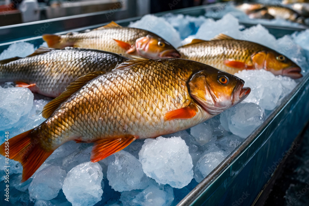 Fresh frozen carp on store counter in hypermarket. Concept of retail ...