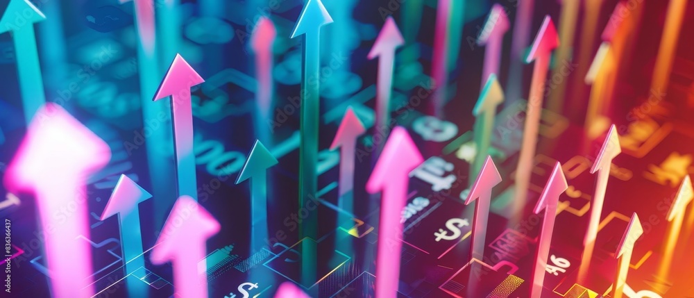 Colorful financial growth concept with neon arrows pointing upward on a ...