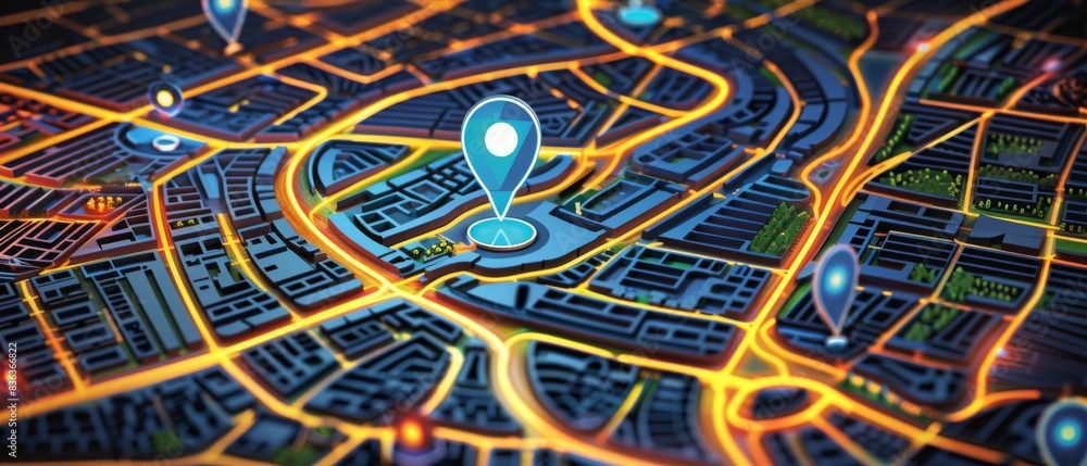 High-tech GPS navigation map with pinpoint location markers ...