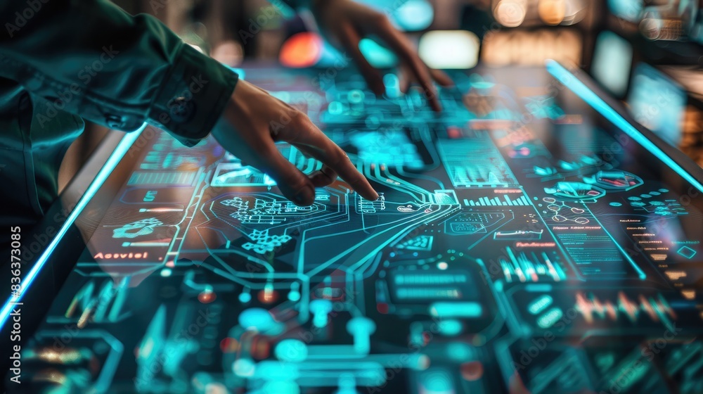 Business analyst interacting with a touch table to explore detailed ...