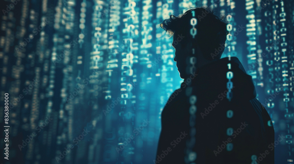 Visual depiction of a hacker looming over a screen with binary code illustrating cyber intrusion ...