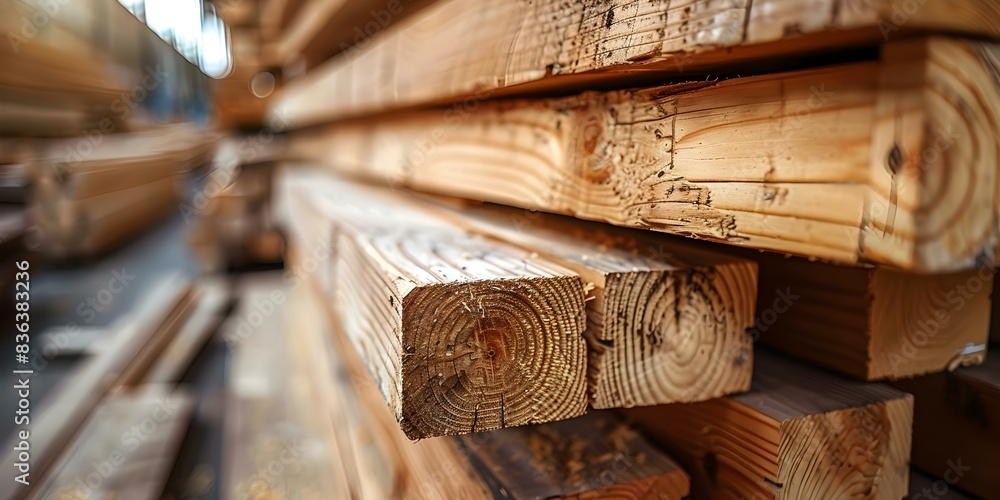 Wooden planks stacked for drying in a timber warehouse for construction ...