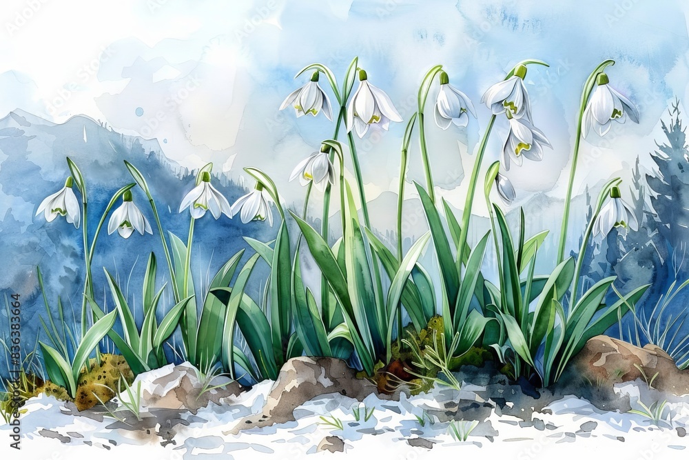 ภาพประกอบสต็อก Watercolor illustration of snowdrop in floral border ...