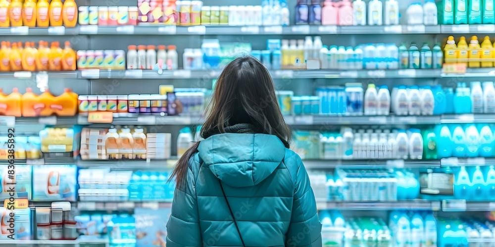 Person shopping in supermarket with shelves of various products in ...