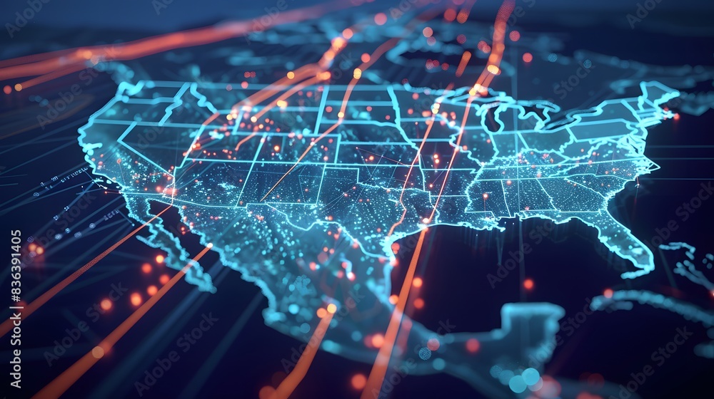 High-speed rail network visualization, with streaks of light tracing ...