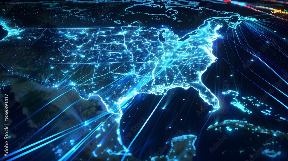 High-speed rail network visualization, with streaks of light tracing ...