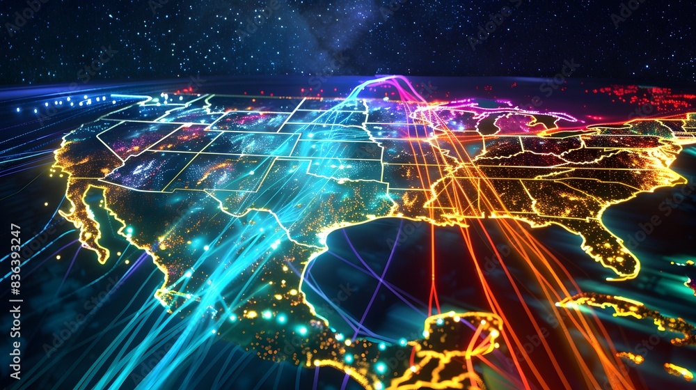 High-speed rail network visualization, with streaks of light tracing ...