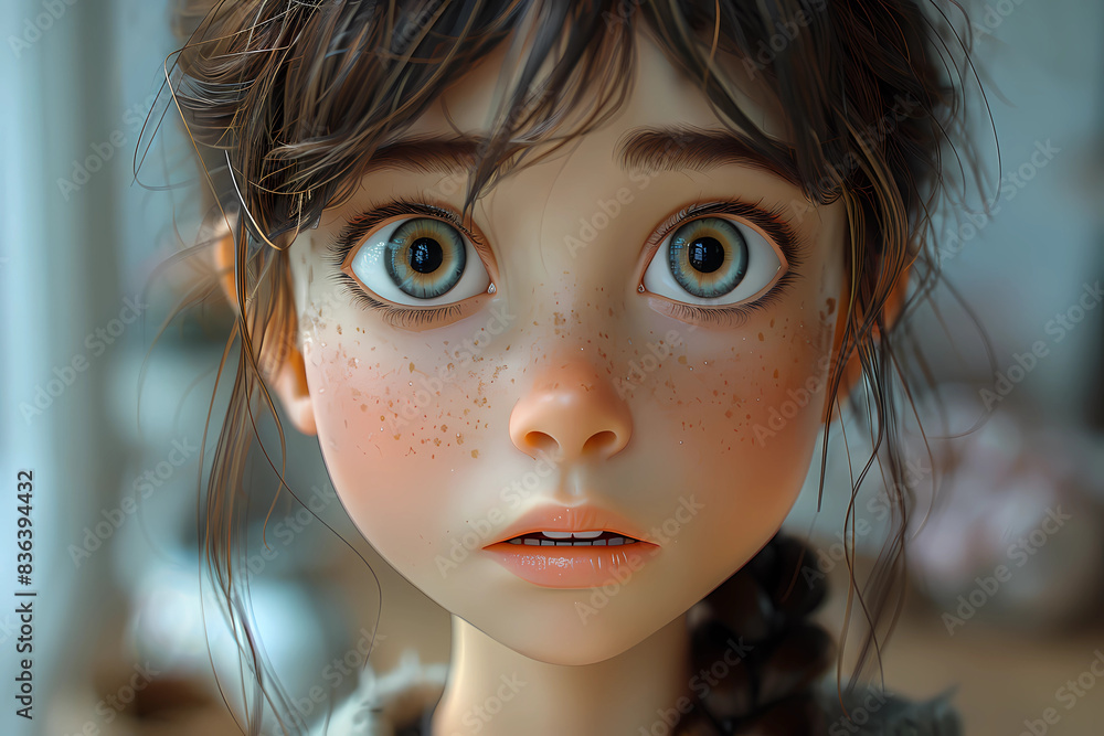 Captured in vivid detail, a young girl in 3D cartoon style stands with ...