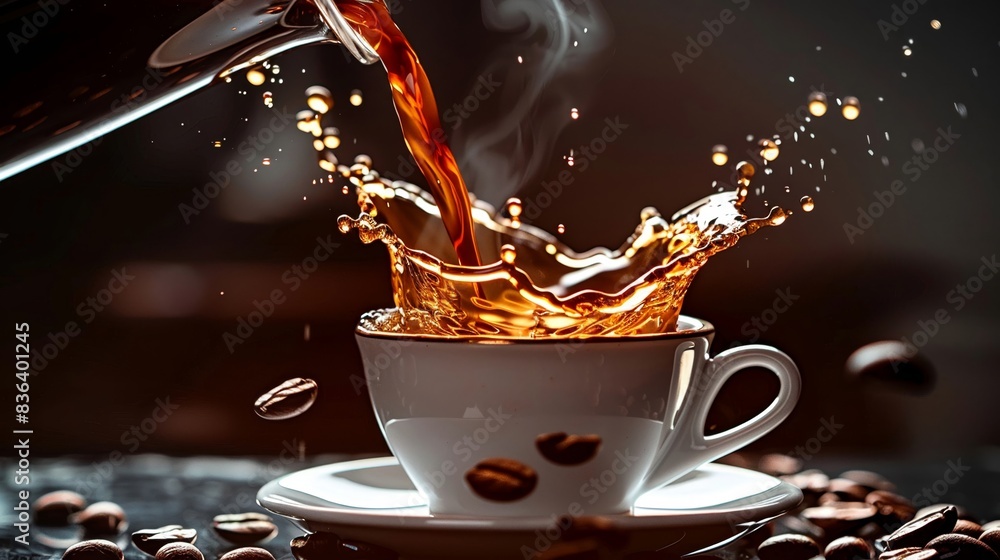 Coffee poured into a glass With amazing water drops and drops. Makes ...