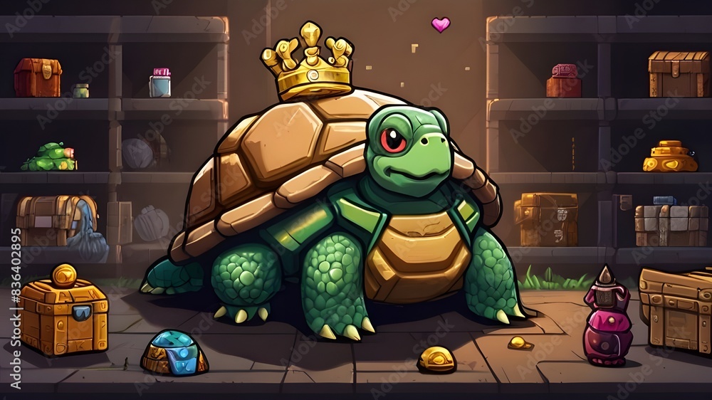 A pixel art turtle wearing a tiny crown, surrounded by pixelated ...