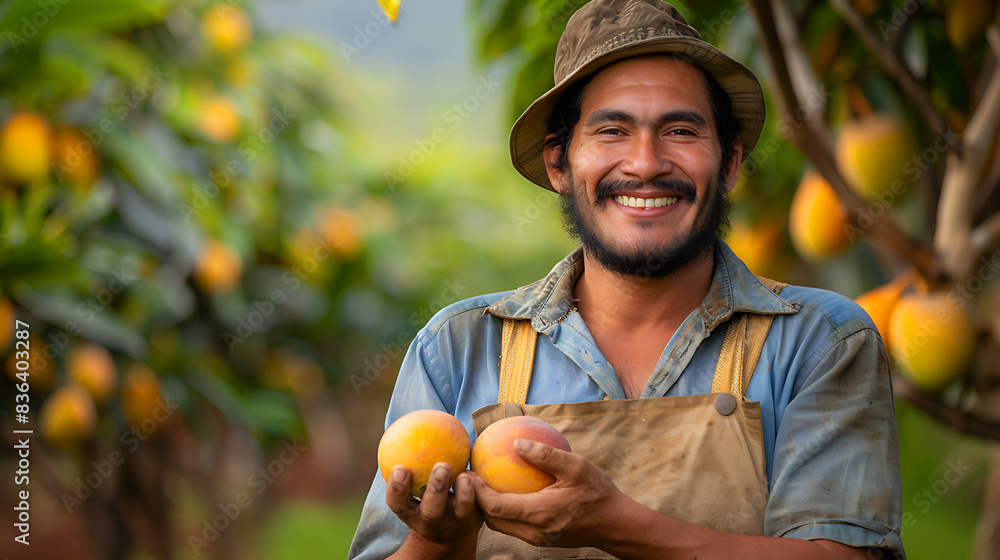 Brazilian farmer offers mangoes. A man stands in the garden, among ...