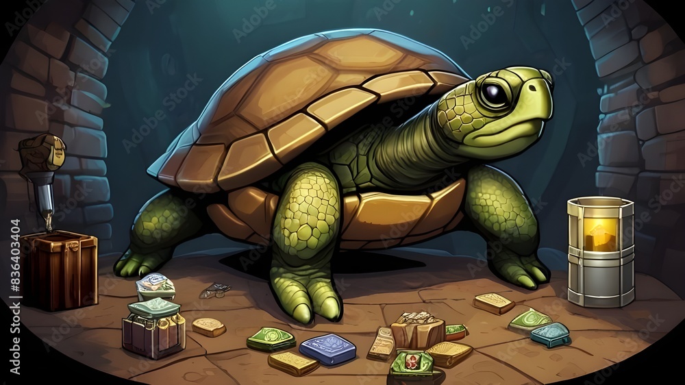 A pixel art turtle wearing a tiny crown, surrounded by pixelated ...