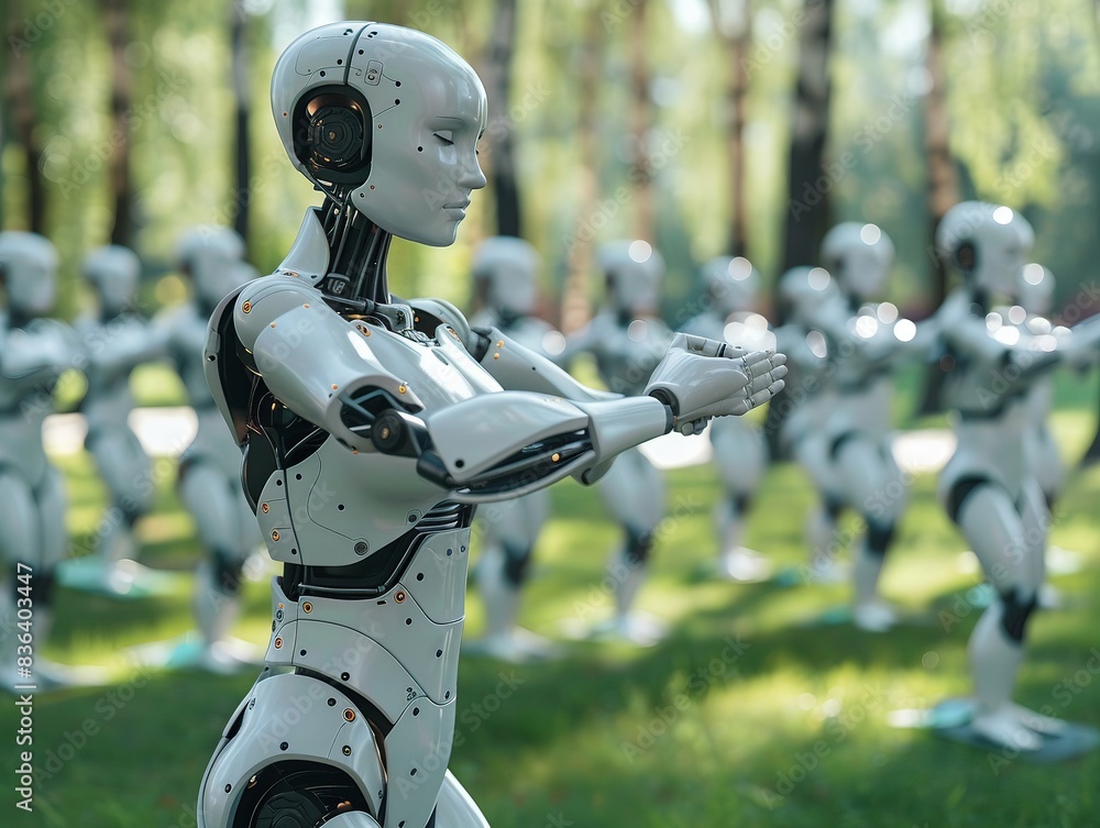 Humanoid robot leading an exercise class in a park, demonstrating yoga ...