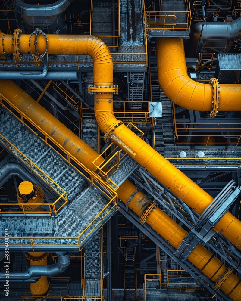 Detail of a carbon capture unit on an oil rig, showing pipes and ...
