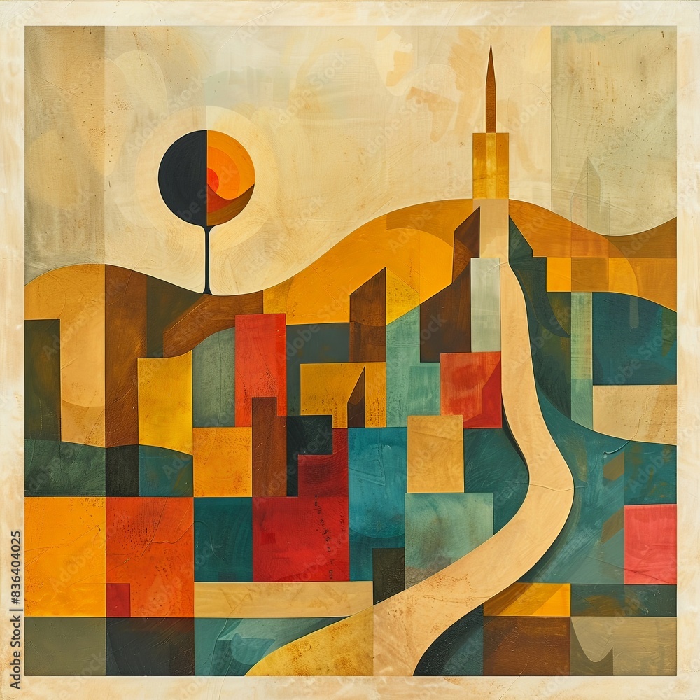 Design a geometrically abstract landscape with a location marker ...
