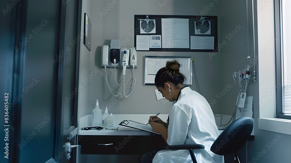 Female doctor reviewing medical notes and patient records in a clinic ...