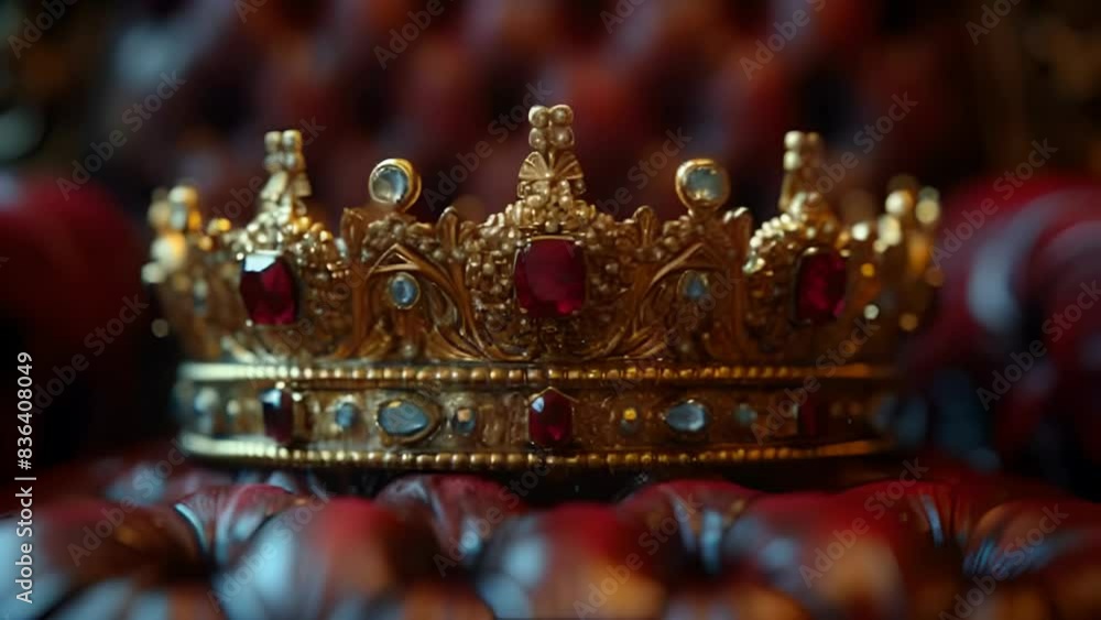 Golden crown with precious stones on a leather chair in a rich interior ...