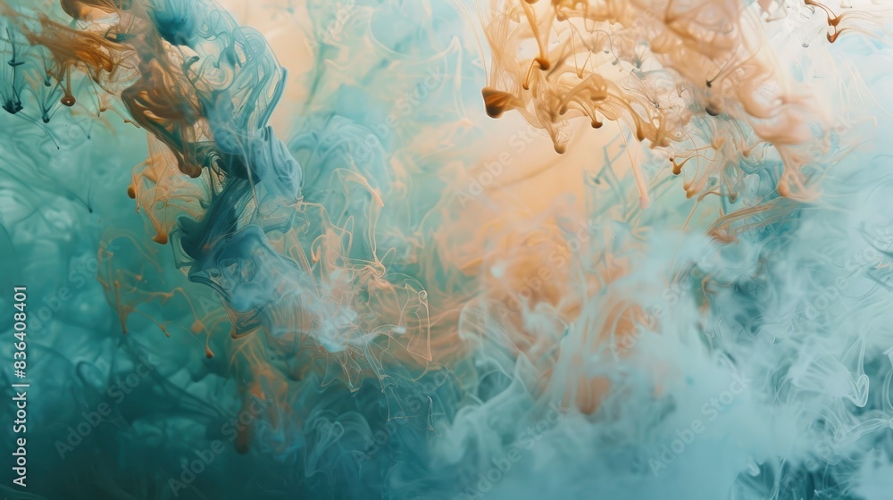 Cyan and bronze paint merging, Ink Mystique, soft light arises from ...
