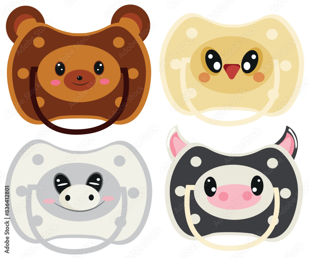 set of colored pacifiers with animal faces, namely with the face of a ...