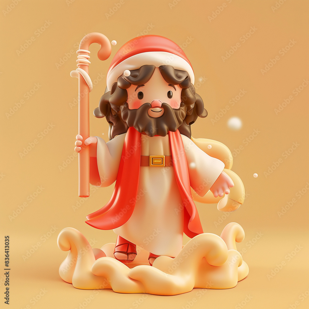 Cute cartoon art toy figurine of Jesus shepherd with a staff, wearing a ...